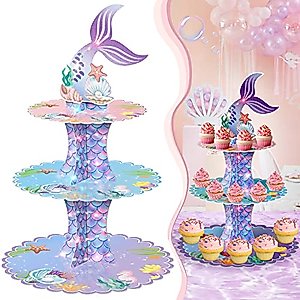 Mermaid Cupcake Stand with LED Light, 3 Tier Mermaid Party Supplies Mermaid Tail Cupcake Stand Holder for 24 Cupcakes for Girls Under The Sea Mermaid Theme Party Baby Shower Birthday Party Favors