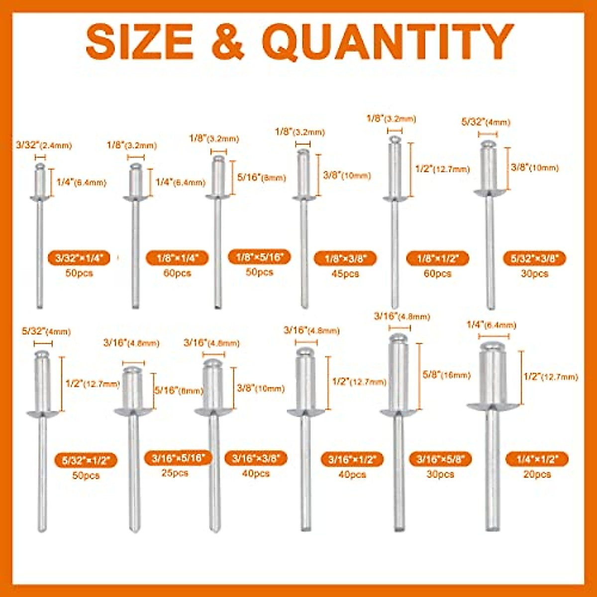 ISPINNER 500pcs 12 Sizes Aluminum Blind Rivets, Pop Rivets Assortment Kit 3/32" 1/8" 5/32" 3/16" 1/4" (Silver)