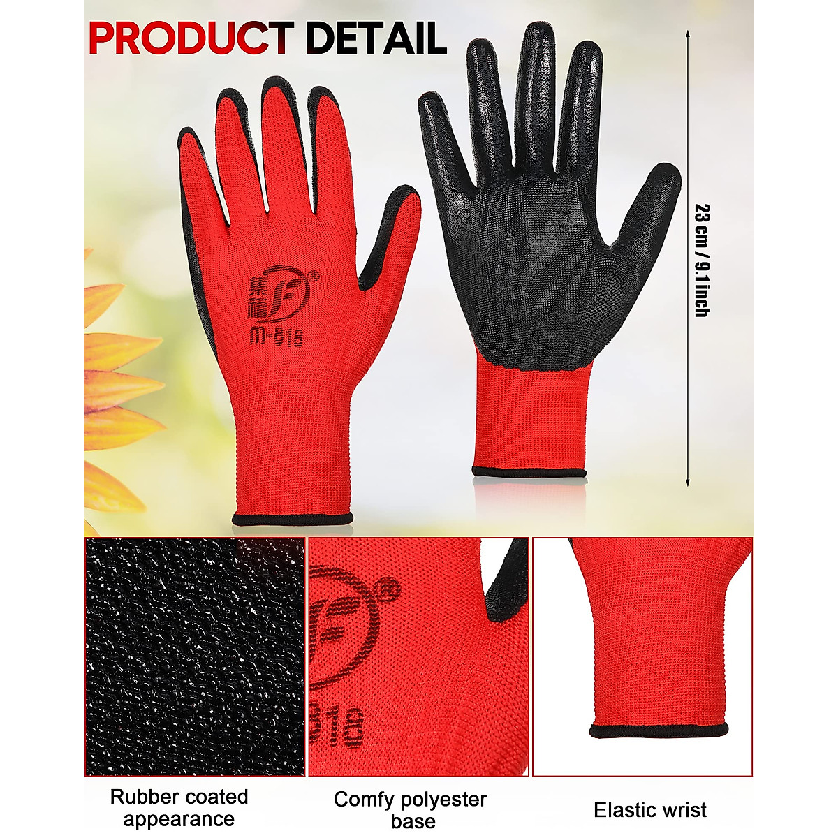Honeydak 36 Pairs Gardening Gloves for Men Women Breathable Rubber Coated Garden Gloves(Red, Black)