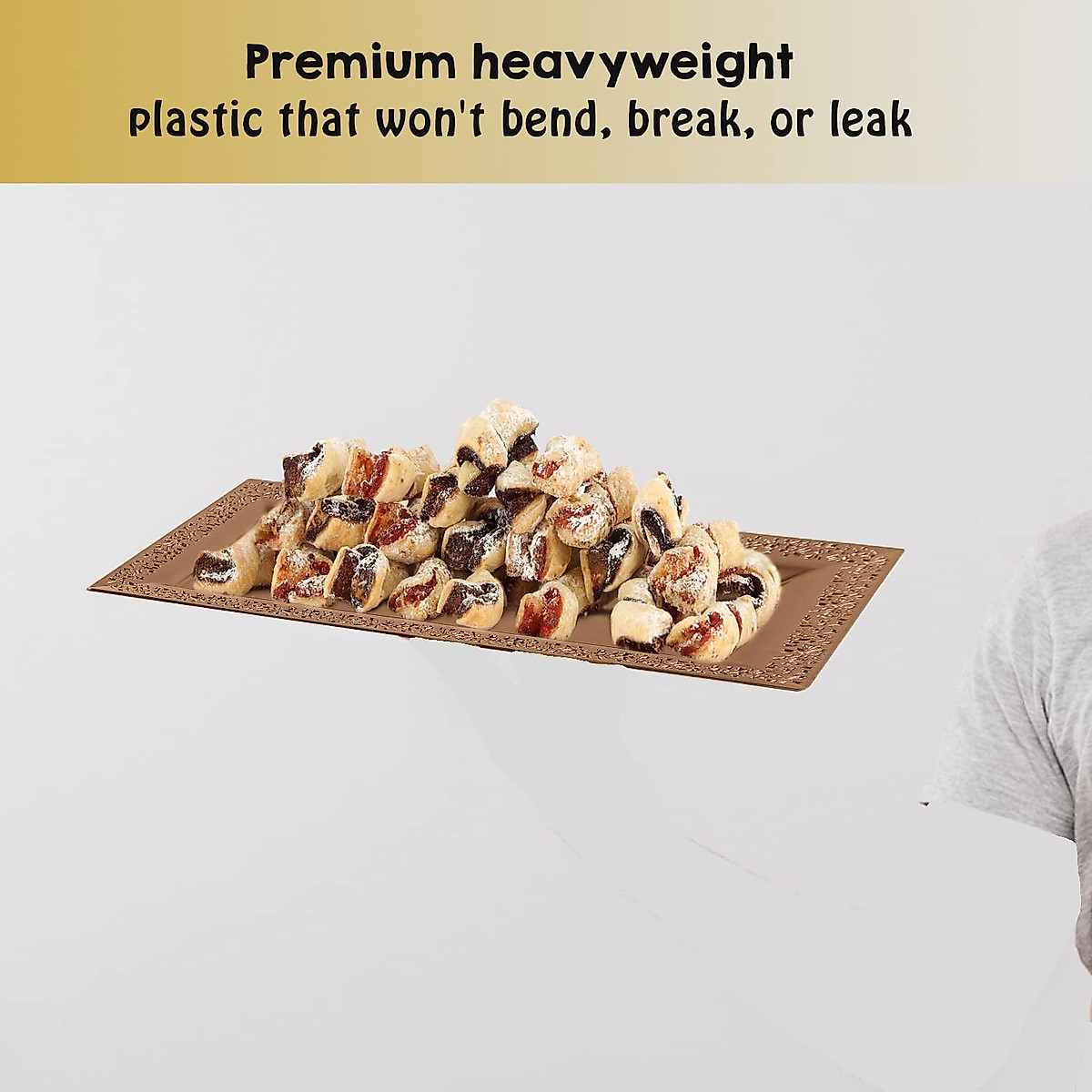 4 (pk) Yumchikel 14" x 7.5" Rose Gold Lace Rim Plastic Serving Trays & Platters | Heavy Duty Disposable Decorative Dessert Tray - Party Platters for Upscale Parties Weddings Brand: Yumchikel