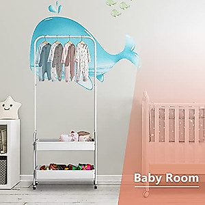 HIDODO White Clothing Rack, Portable Garment Rack Rolling Clothes Organizer with 2 Tier Metal Baskets, Laundry Cart with Hanging Rack, Small Wardrobe Rack on Wheels for Bedroom, Laundry and Entryway