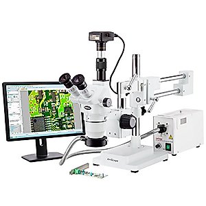 AmScope 2x-225x Trinocular Boom Stand Stereo Zoom Microscope + 18MP Camera