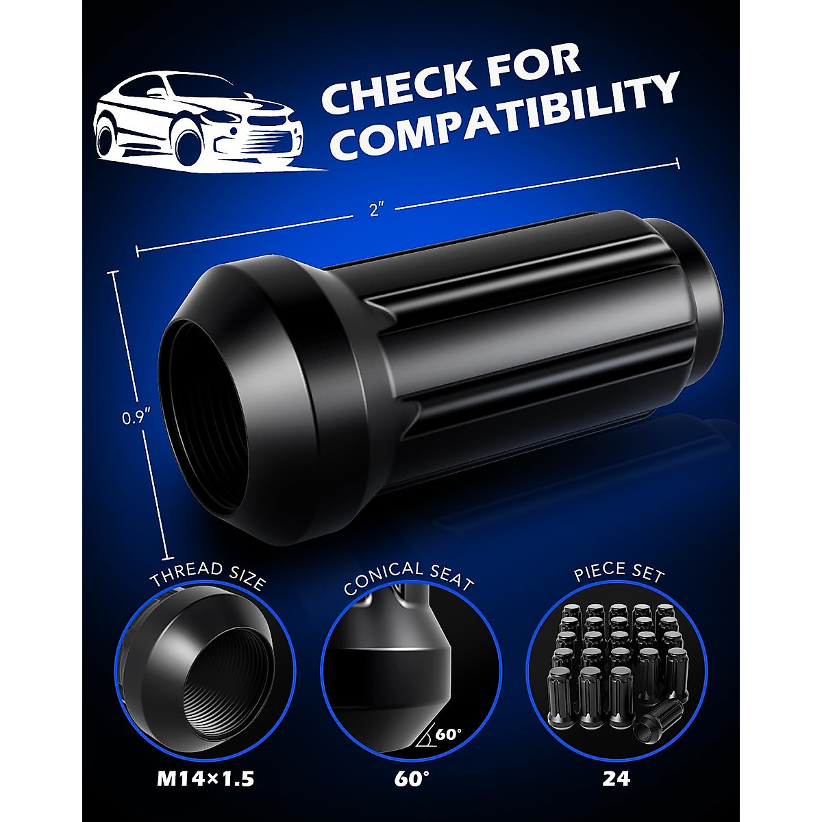Orion Motor Tech M14x1.5 Lug Nuts Black with Spline Tuner, XL 2 inches Length Conical Wheel Nut, Compatible with Chevy GMC Ford Cadillac Lincoln SAAB Saturn Silverado 1500 Savana, Set of 24