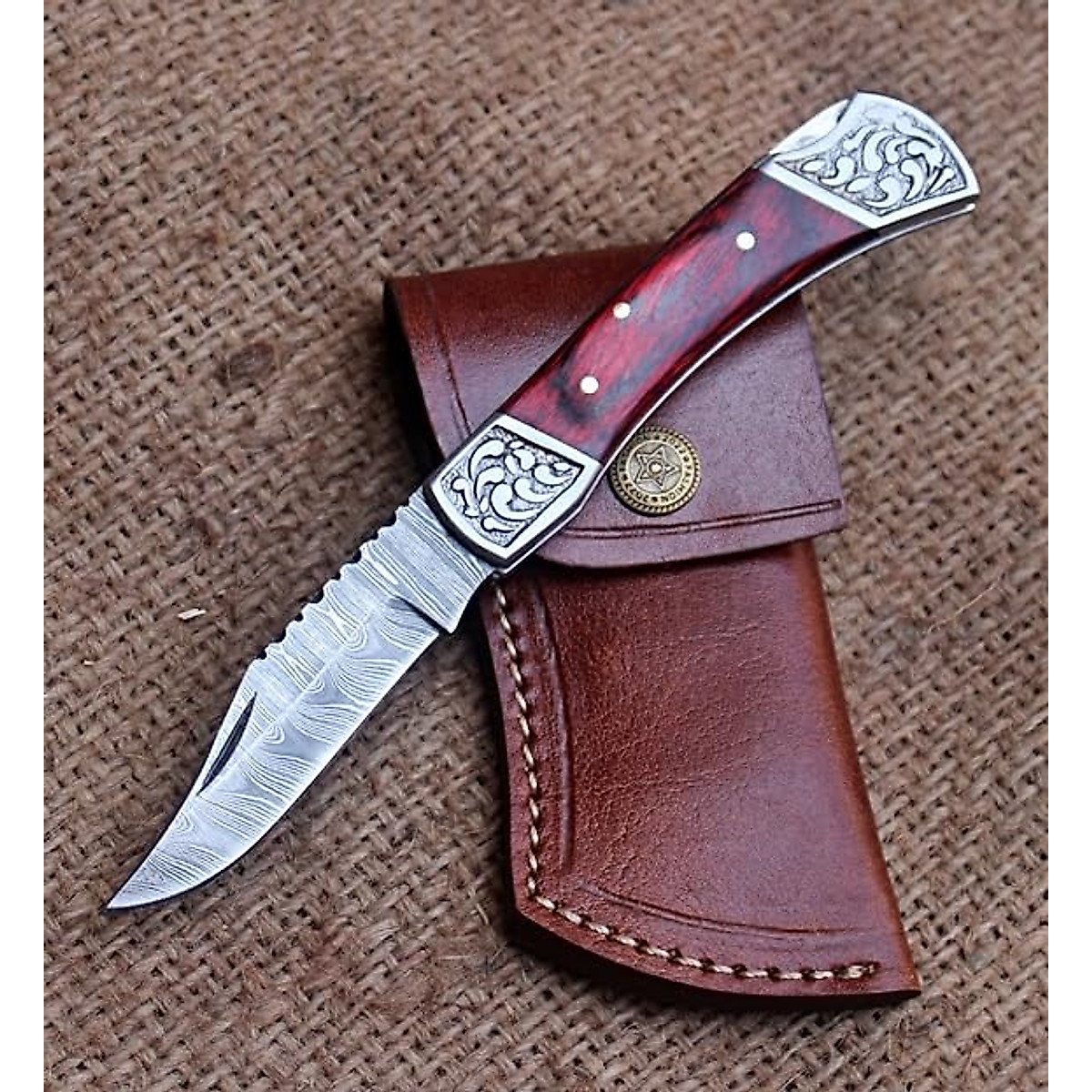Nesmo-511 Damascus Steel Pocket Knife for Men - Handmade Folding Hunting Knives with Leather Pouch - Best Knife for Camping Hunting Hiking (Red Pakka Wood Handle)