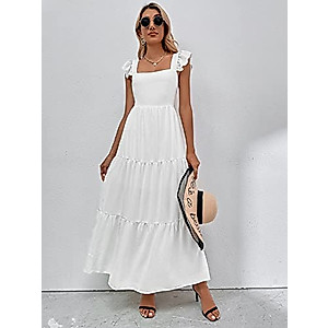 SOLY HUX Women's Summer Square Neck Sleeveless Shirred Ruffle Hem A Line Flowy Long Maxi Dress White L