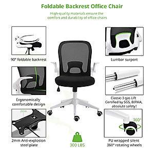 BINGTOO Ergonomic Office Chair with Lumbar Support, Foldable Mesh Backrest Computer Desk Chair for Home Office - Adjustable Height with Flip-up Arms and Wheels (Black)