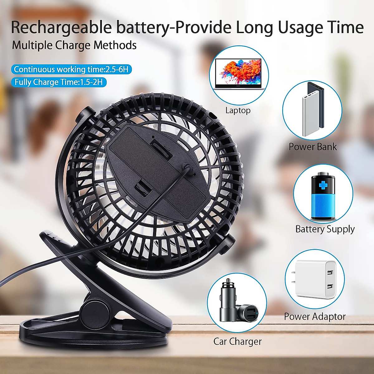 BRIGENIUS Battery Operated Stroller Fan, Portable Clip on Mini Desk Fan with 2600mAh Rechargeable Battery, USB Powered Clip Fan for Baby Stroller Office Outdoor Travel