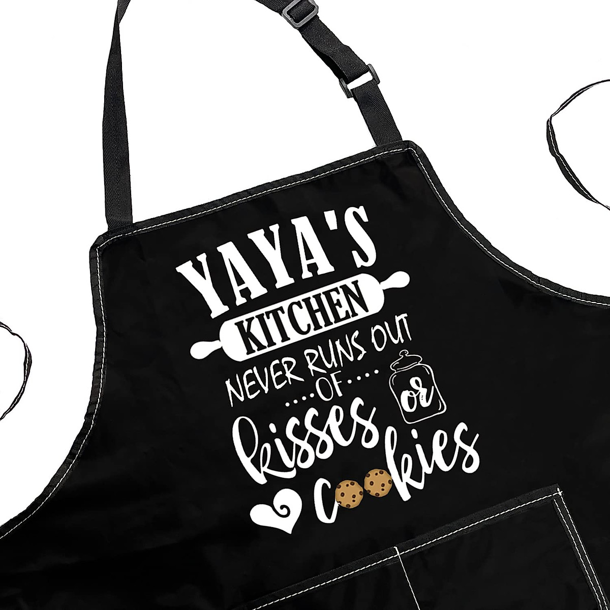 POFULL Yaya Gift Yaya Birthday Apron Yaya's Kitchen Never Runs Out Of Kisses and Cookies (Yaya's Kitchen Apron)