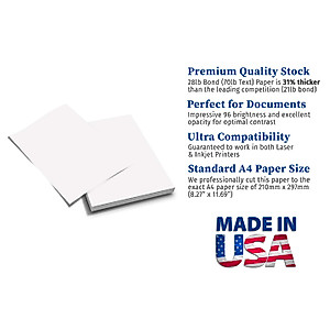 Premium A4 (8.3"x 11.7") Printer Paper - 28lb Bond / 70lb Text (105 gsm) Bright White Paper (40 Sheets)