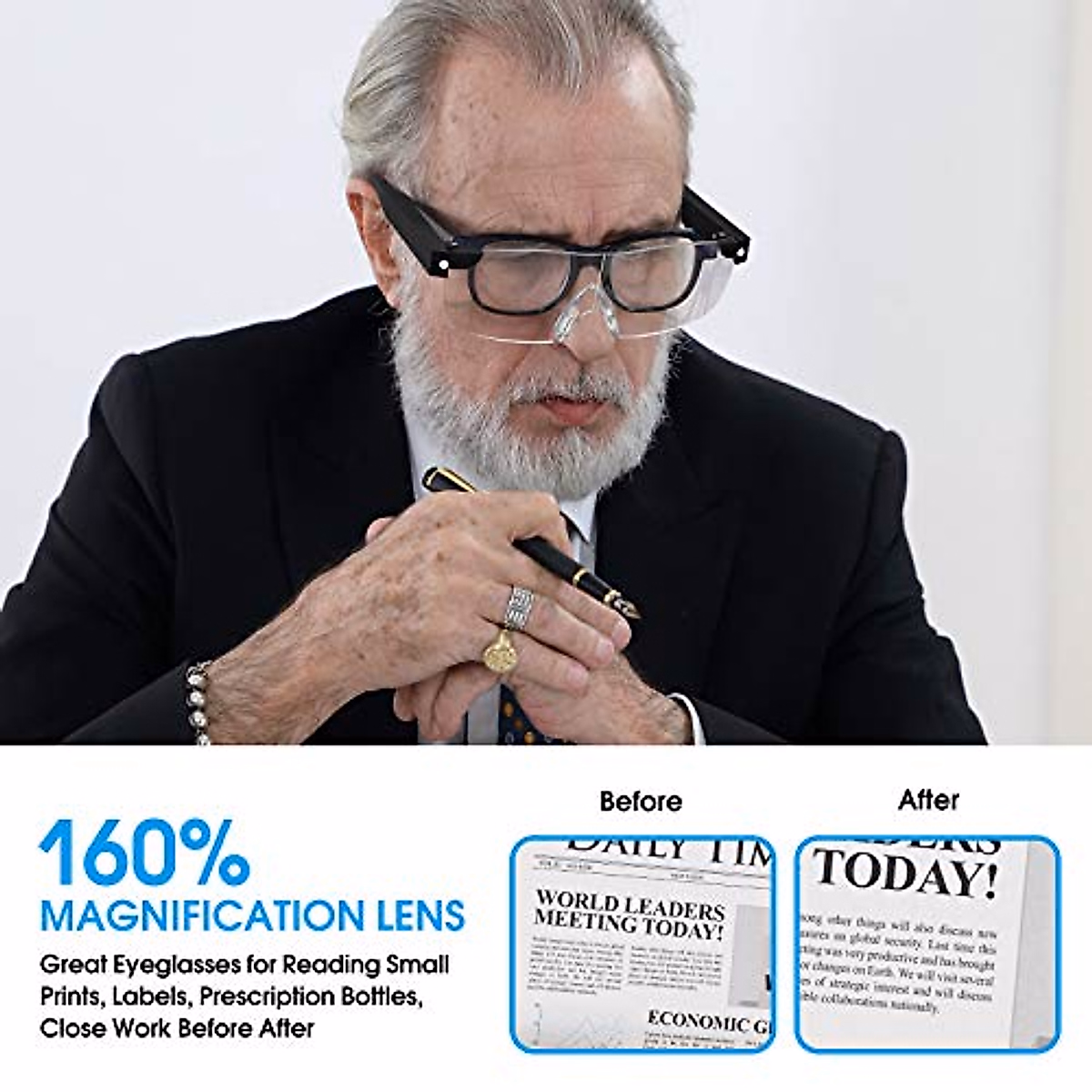 OuShiun 160% Magnifying Glasses with LED Light USB Rechargeable Magnifier Eyeglasses for Close Work Reading Hobbies Crafts