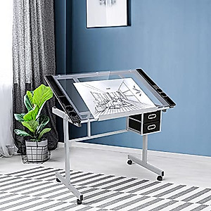 ZENY Adjustable Drafting Table, Glass Art Table Artist Drawing Desk Craft Table, Tilting Draft Table Desk on Wheels