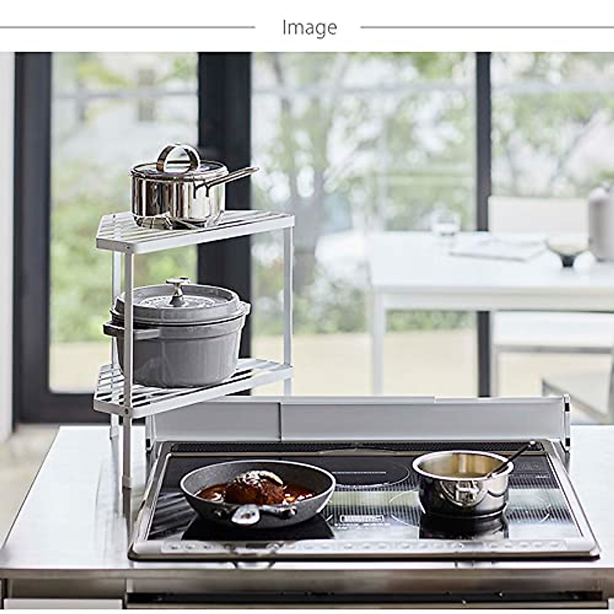 YAMAZAKI Home Kitchen Range Stove Top Rack Two Tier Corner Riser-Pot Holder Frying Pan Rest | Steel, One Size, Black