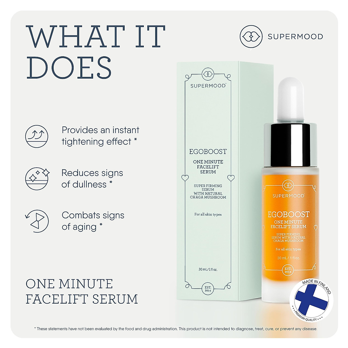 Supermood Egoboost Instant Face Lift Serum - Youthful Skin Face Serum, Made with Real Mushrooms Chaga Extract for Skin, Temporary Tightening Face Serum for Anti Aging Serum