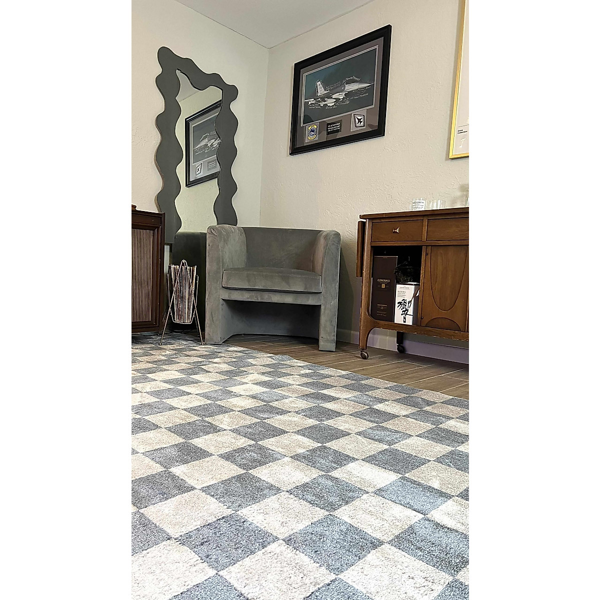 Hauteloom Brone Contemporary Checkered Area Rug - Modern Geometric Bordered Carpet for Living Room, Bedroom, Dining Room - Checkboard Design - Square Tiles - Blue, Ivory - 5'3" x 7'