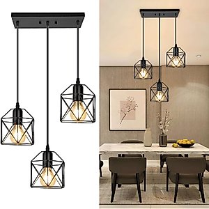 ROCUNSI 3-Light Hanging Pendant Light Fixtures, Farmhouse Kitchen Island Light Fixture, Industrial Hanging Pendant Lighting for Dining Room Bedroom Hallway, Black Metal Cage Pendant Lamp, E26 Base