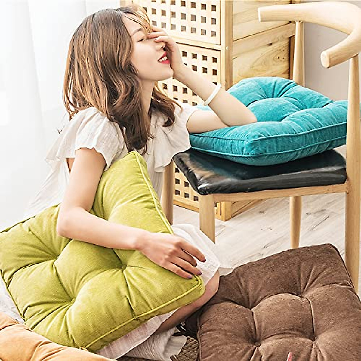 SUCADA Modern Velvet Chair Pads,Square Lumbar Back Support Seat Cushion Cozy Soft Seat Pad with Ties,Corduroy for Kitchen Garden Living Room Dining Office-Dark Gray a 43x43cm+43x30cm