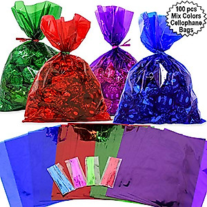 AnapoliZ Cellophane Bags 100 pcs Mix Colors (6 Inch x 9 Inch) | Colorful Cello Treat Bags with Twist Ties | 2.5 Mil Quality Cellophane Treat Bags | Transparent Color 6x9 Inch Bags