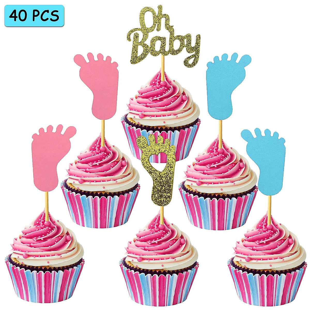 BLUE TOP Pack of 40pcs Little Feet Theme Cupcake Topper Picks Cake Decoration for Boys Girls Birthday Party Valentine's Day Baby Shower Wedding Birthday Event Party Supply