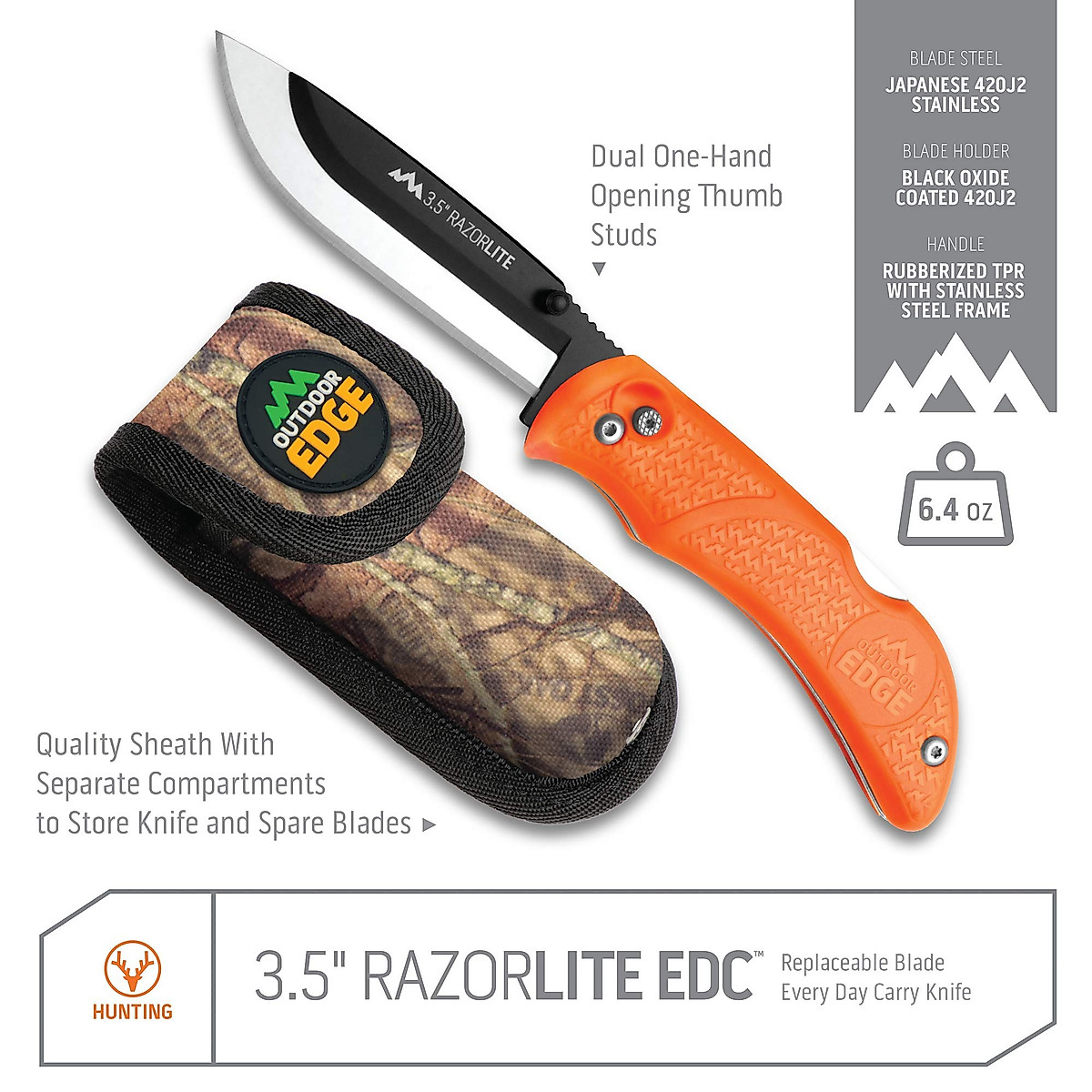 OUTDOOR EDGE RazorBlaze, RB-20, 3.5" Replaceable Blade Folding Hunting Knife, Non-Slip Rubberized TPR Handle, Mossy Oak Nylon Sheath (Blaze Orange)