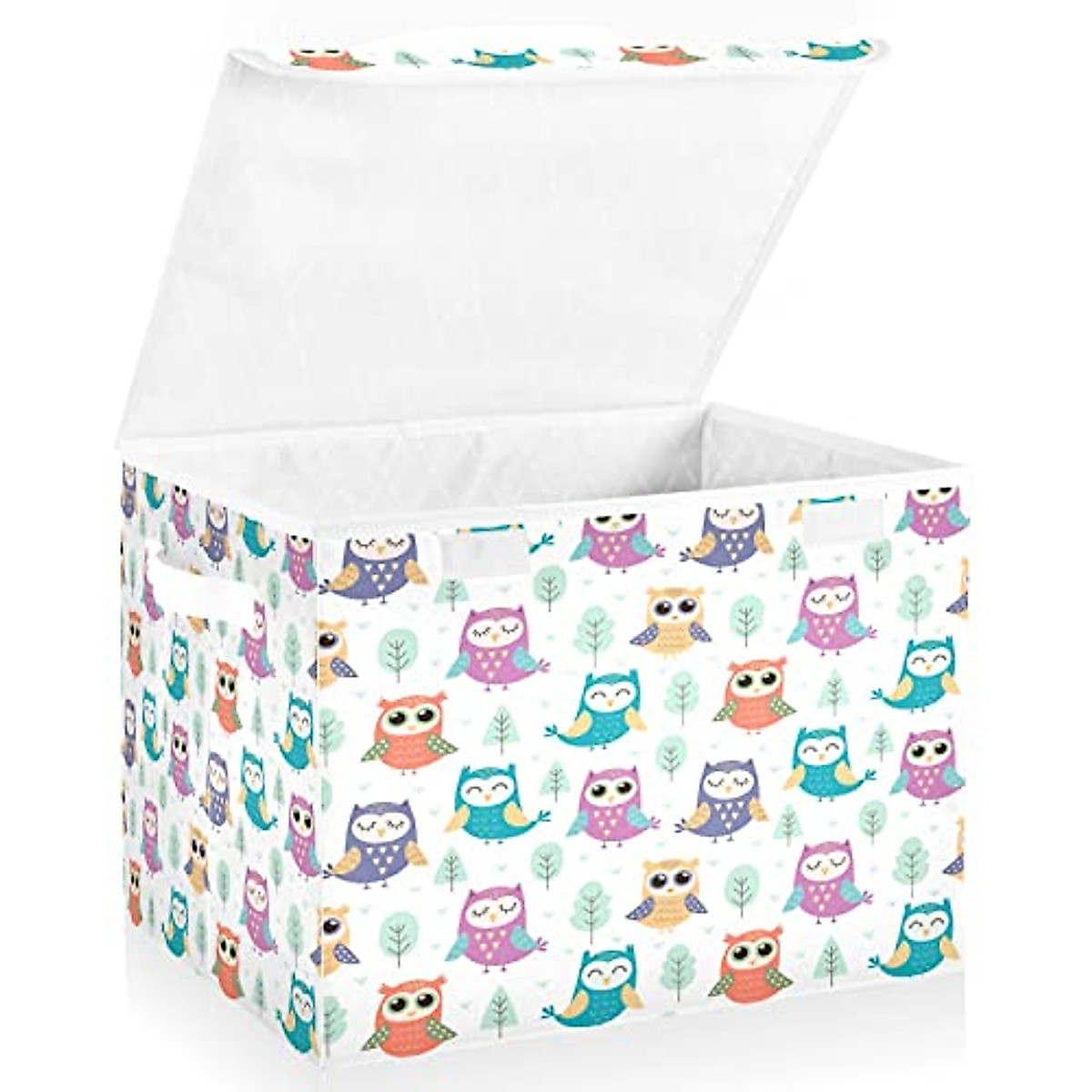Kigai Cute Happy Owls Storage Basket with Lids and Handles,Collapsible Storage Bins Organizer for Bedroom Organization,Office Storage,Toys,16.5x12.6x11.8 In