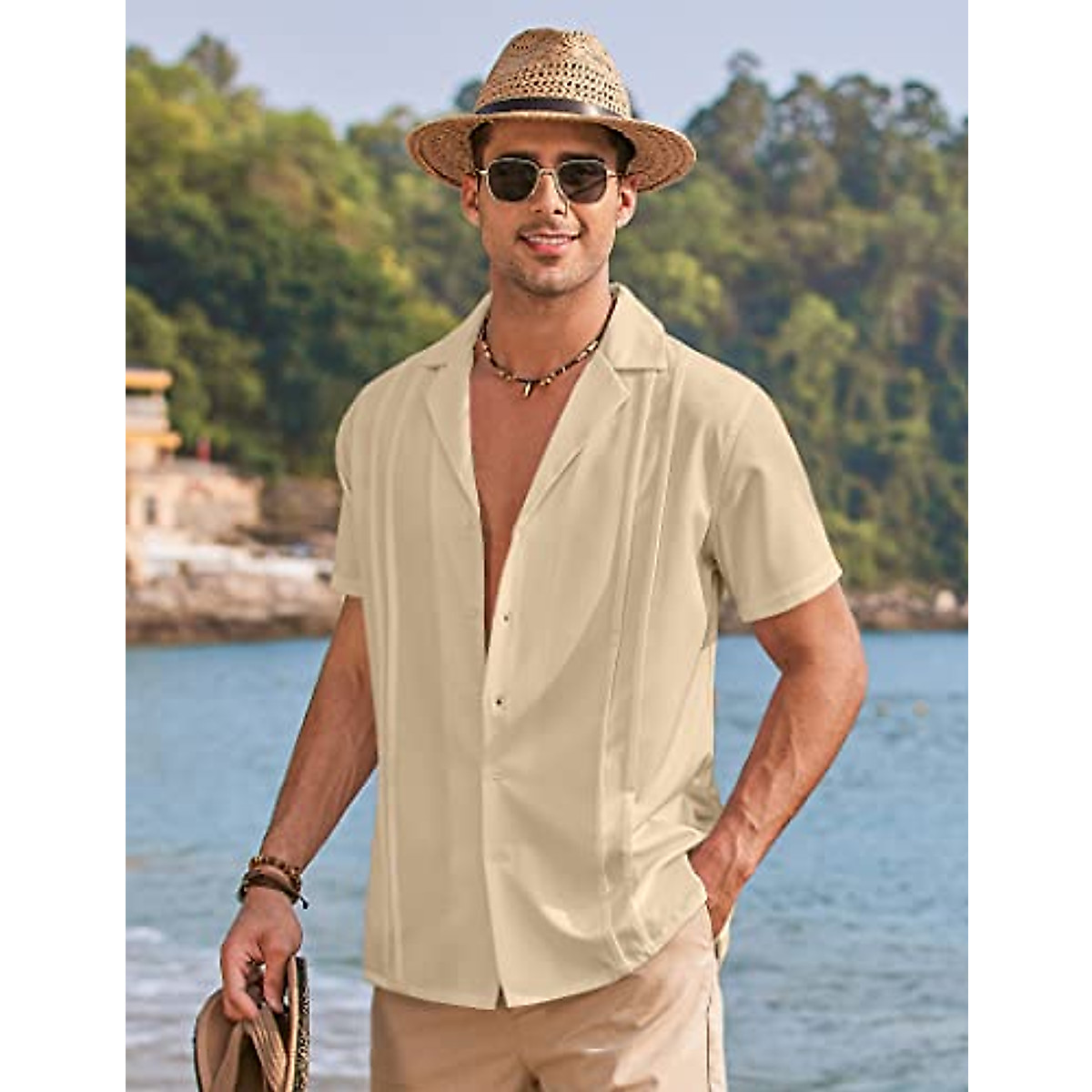 COOFANDY Men Casual Button Down Shirts Short Sleeve Camp Guayabera Shirts Resort Wear