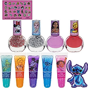 Disney 100 Sparkly Cosmetic Makeup Set for Girls with Lip Gloss Nail Polish Nail Stickers - 11 Pcs|Perfect for Parties Sleepovers Makeovers| Birthday Gift for Girls 3+