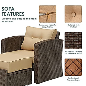 Wicker Patio Furniture Set Outdoor Patio Chairs with Ottomans, 2 Pieces Outdoor Lounge Chair Chat Patio Couch Sofa Chair with Ottoman,Aluminum Frame