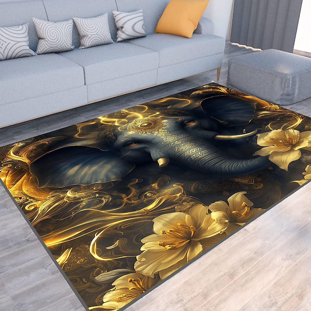 African Elephant Area Rug Opulent Gold Flowers Rugs for Living Room Bedroom Office Non-Slip Washable Indoor Floor Mat Doormat Throw Rugs Carpet 79 in x 39 in