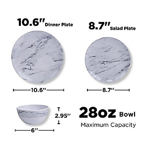TP 12-Piece Dinnerware Set, Melamine Dishes Set with Bowls and Plates, Non-breakable Lightweight Dinner Service for 4, Marble Pattern