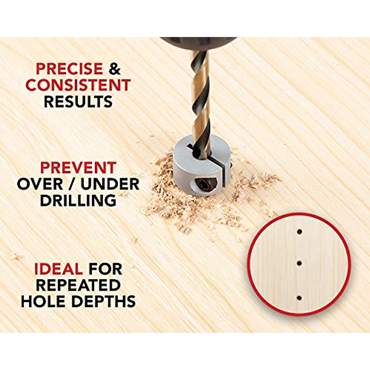 Aluminum Stop Collar Set - Drill Bit Depth Stop - Superior Split Ring Design - 8 Piece Set (1/2", 7/16”, 3/8”, 5/16”, ¼”, 7/32”, 3/16”, 1/8”) - Drill Bit Holder