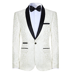 Mens Floral Jacquard Dress Suit Jacket 1 Button Print Tux Blazer Sport Coat (White, Large/40R)