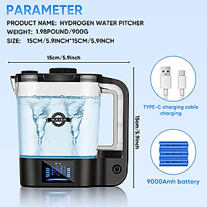 Hydrogen Water Pitcher, Upgraded 3000PPB Version Ion Membrane Hydrogen Water Bottle, 2L Large Capacity Hydrogen Water Bottle Generator Improve Water Quality, Suitable for Purified Water (Black)