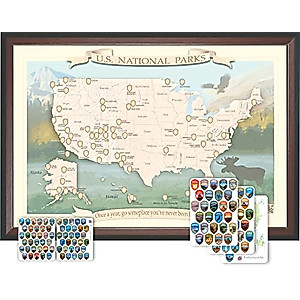 National Parks Map Push Pin, 3D Domed Stickers with 1 x 1.5 inch collection for passport book | Poster travel map in mahogany/black frame | Large map