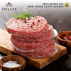 Grillyx Cast Iron Burger Press with Birchwood Handle - (ø7) - Smash Burger Press - Hamburger Press Incl. 50 Sheets of Burger Press Patty Maker Paper