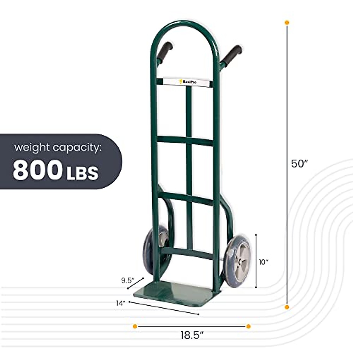 HaulPro Heavy Duty Hand Truck with Double-Grip Handle - Steel Dolly Cart for Moving - 800 Pound Capacity - 10" - Rubber Wheels - 50" H x 18.5" W with 14" x 9.5" Nose Plate - Green