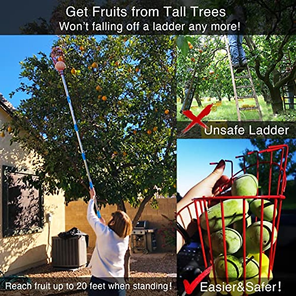 DonSail Fruit Picker Pole Tool with Basket Telescoping Long Handle, 35-65 Inch Adjustable Apple Orange Picker Pole Tool with Basket for Avocado Acorn Lemon Pear Mango Tree Picker