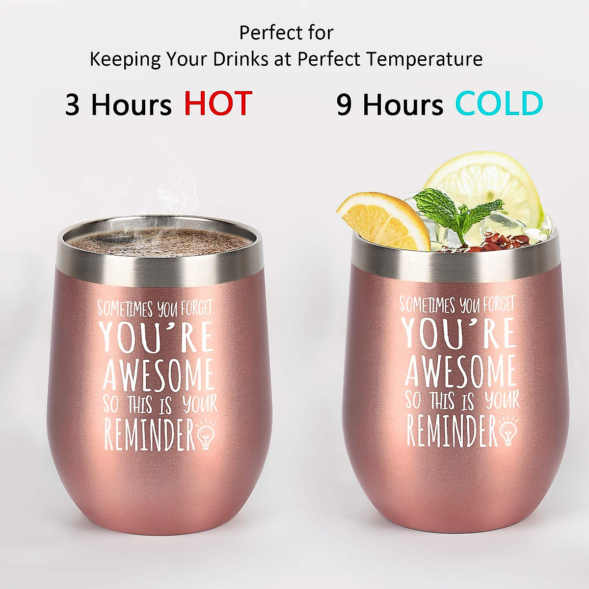 4 Pack Wine Tumbler, Thank You Idea-Sometimes You Forget You're Awesome, Appreciation Idea for Women Friend Mom Wife Coworker Sister, Insulated Stainless Steel Tumbler with Lid(12oz, Rose Gold)