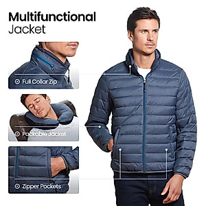 Weatherproof Men's Puffer Jacket, Lightweight Alternative Down Jacket with Packable Travel Neck Pillow, Travel-Ready Winter Jackets for Men, Water & Wind Resistant, Pewter, Medium