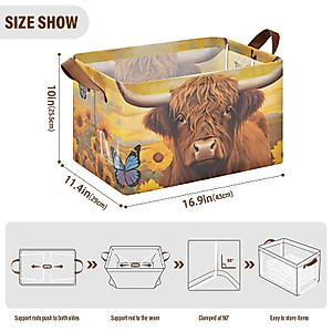 PDZRMY Open Storage Bin Blue Butterfly Highland Cow Large Foldable Storage Box Storage Basket Organizer Bins with Leather Handles for Shelf Closet Bedroom Living Room Office Home 1 Pack