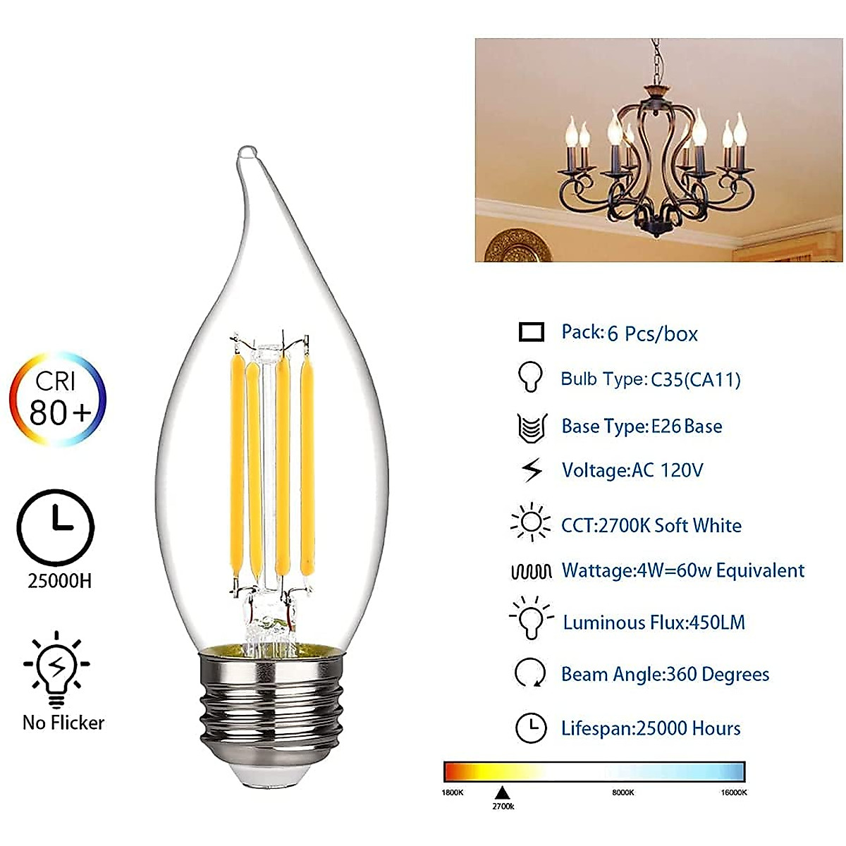 BORT C35/CA11 Chandelier led Light Bulbs, Dimmable 4W Equivalent to 40W LED Candelabra Bulbs, 2700K Warm White, E26 Standard Base LED Bulbs, Flame Tip (C35-E26-6 Pack)