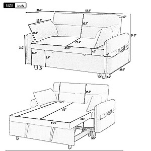 Verfur 3 in 1 Pull Out Sleeper Sofa Bed,Convertible Futon Couch with Adjustable Backrests, Modern Microfiber Loveseat with 6 Pockets and Pillows, Small Love Seat for Living, Guest Room,Office, Blue