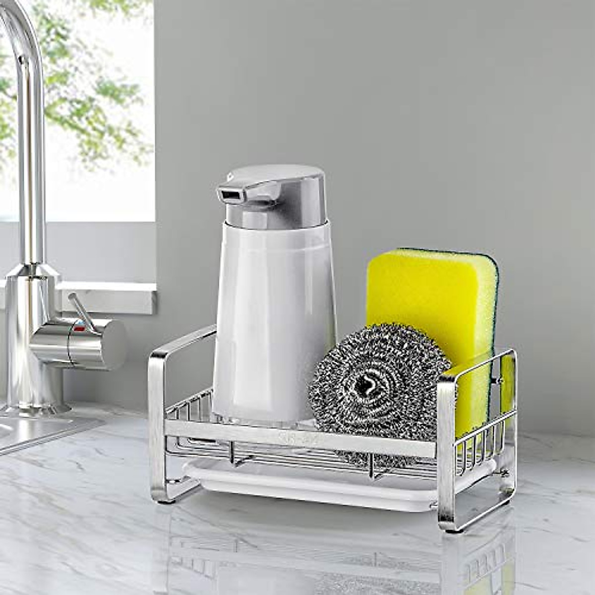 JiangWaveT Sponge Holder,SUS304 Stainless Steel Rust Proof Soap Holder for Kitchen Sink,Kitchen Sink Organizer, Sink Caddy, Sink Tray Drainer Rack with Removable Tray,Silver