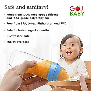 Goji Baby - 4 oz Silicone Baby Food Dispensing Spoon - 4 Pack - Great for 4+ Month Infants - Includes Stopper - Easy to Use and Mess-Free - Precise Food-Release Feeder - Great for Travel (Blue)