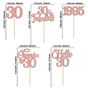 Gyufise 30Pcs 30th Birthday Cupcake Toppers Glitter Hello 30 Cupcake Topper Cheers to 30 1995 Thirty Cupcake Picks for Happy 30th Birthday Anniversary Party Cake Decorations Rose Gold