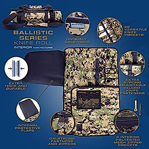 Dalstrong - Ballistic Series Knife Roll - Premium Ballistic Nylon & Top Grain Leather Roll Bag - 22 Knife Slots - Interior and Rear Zippered Pockets - Blade Travel Storage/Case (Digital Camouflage)