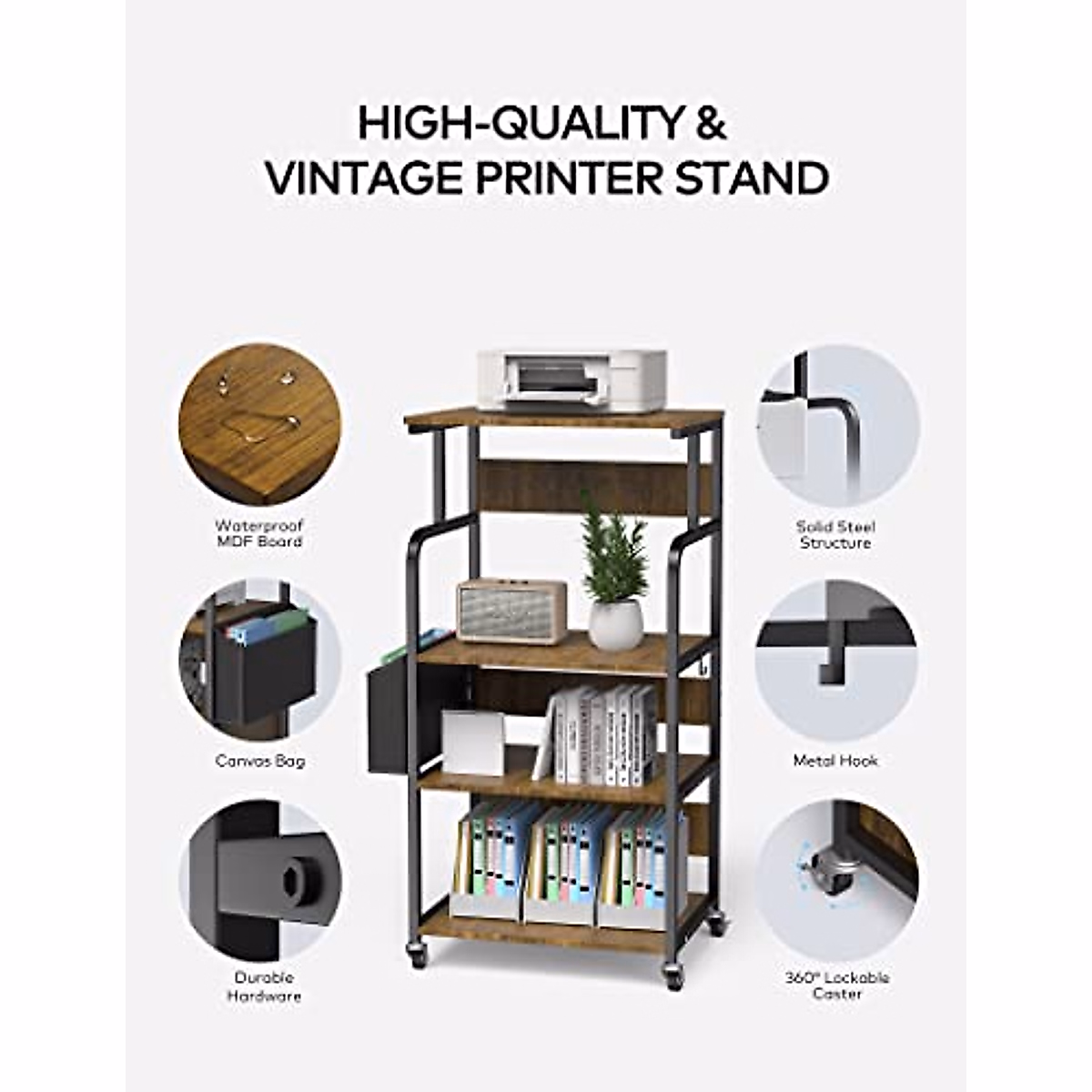 Bealife 4 Tier Home Printer Stand with Storage Bag, Tall Mobile Printer Cart with Lockable Rolling Wheels for Office,Small Space, Heavy Duty - Retro