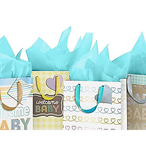 YE GIVING Baby Gift Bags With Tissue, 8"x4"x10" 4 Pack. 4 Designs. Gift Bag Set for New Baby, Includes Tissue Paper And Tags.
