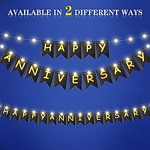 Happy Anniversary Banner Gold Foiled Sign Banner with LED Fairy String Light 8 Flicker Mode, Anniversary Party Decoration Photo Props for Anniversary Wedding Party Ceremony Decoration (Black)