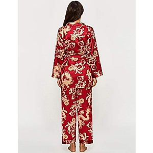 Escalier Women's Silk Satin Pajamas Set 3 Pcs Floral Silky Pj Sets Sleepwear Cami Nightwear with Robe and Pants Wine M