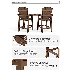 KINGYES Embossed Balcony Chair, Tall Adirondack Chair Set of 2 Outdoor Adirondack Barstools with Connecting Tray, High Airondack Chair with Wood Grain, Brown